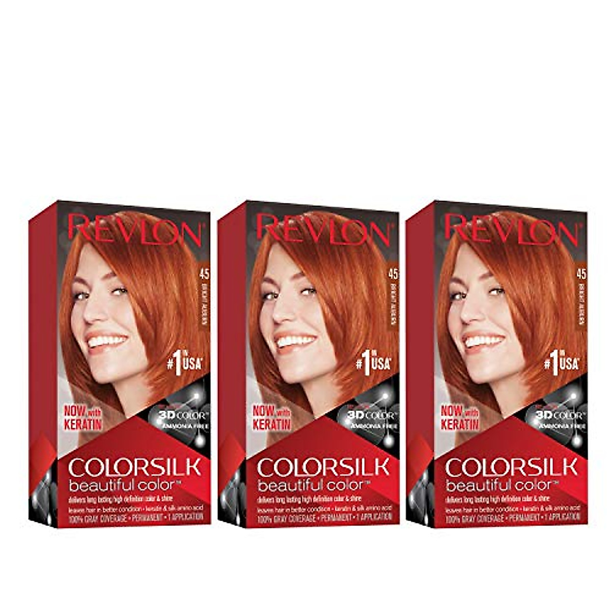 Revlon Permanent Hair Color, Permanent Hair Dye, Colorsilk with 100% Gray Coverage, Ammonia-Free, Keratin and Amino Acids, 45 Bright Auburn, 4.4 Oz (Pack of 3)