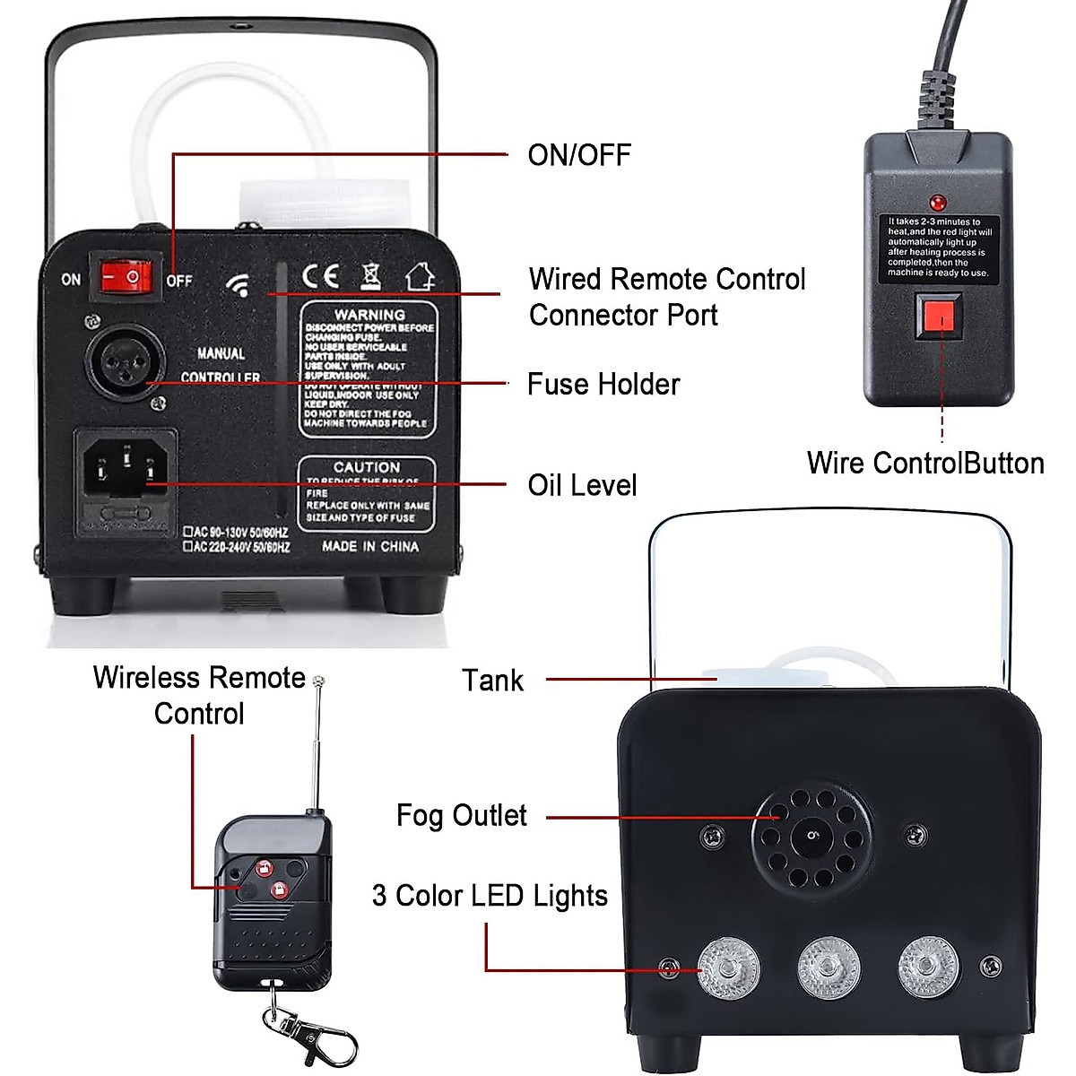 Fog Machine, Vangoa 500W Fog Smoke Machine with 3 LED Lights, 3000CFM Fog Disinfection with Wired Receiver and Wireless Remote Control, Perfect for Wedding Halloween Christmas Party Stage Effect