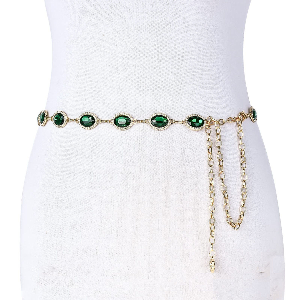 ILuvatar green glass diamond chain belt metal diamond belt women's dress metal belt women's western style belt women's belt oval decoration