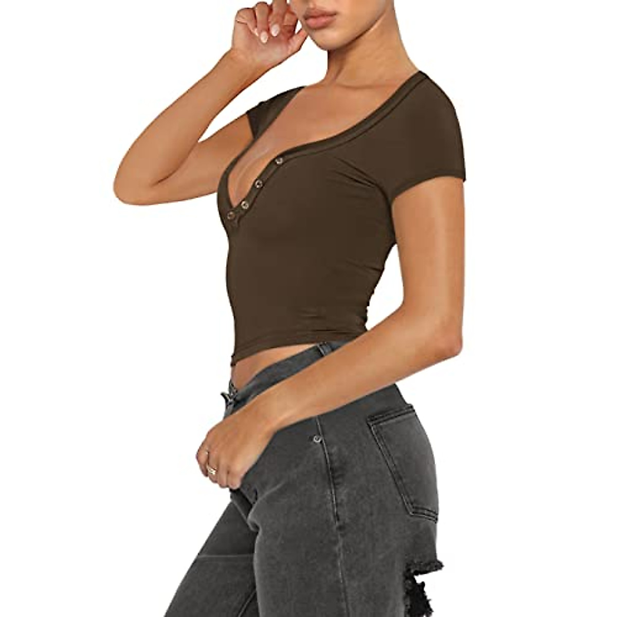 REORIA Women’s Summer Sexy Casual Henley V Neck Button Down Short Sleeve Going Out Y2K Ribbed Tshirts Crop Tops Coffee Large
