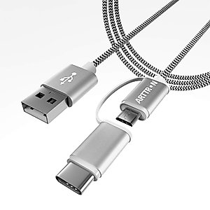 ARTTRON USB Type C & Micro USB to USB-A 2 in 1 Fast Charging Cable [1Pack 6ft]，Nylon Braided Cord，Compatible with Android Phone Charger, Samsung Galaxy S20 S10 Plus A51 A12 Note 10 9 ….