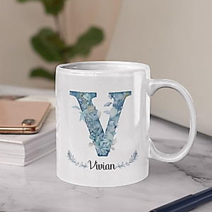 Personalized Letter V With Blue Floral Coffee Mugs, Customized Name Floral Alphabet Mugs, Coffee Cups Monogram, Letter Alphabet Initial Name Gifts, Custom Coffee Mugs For Women, Sister