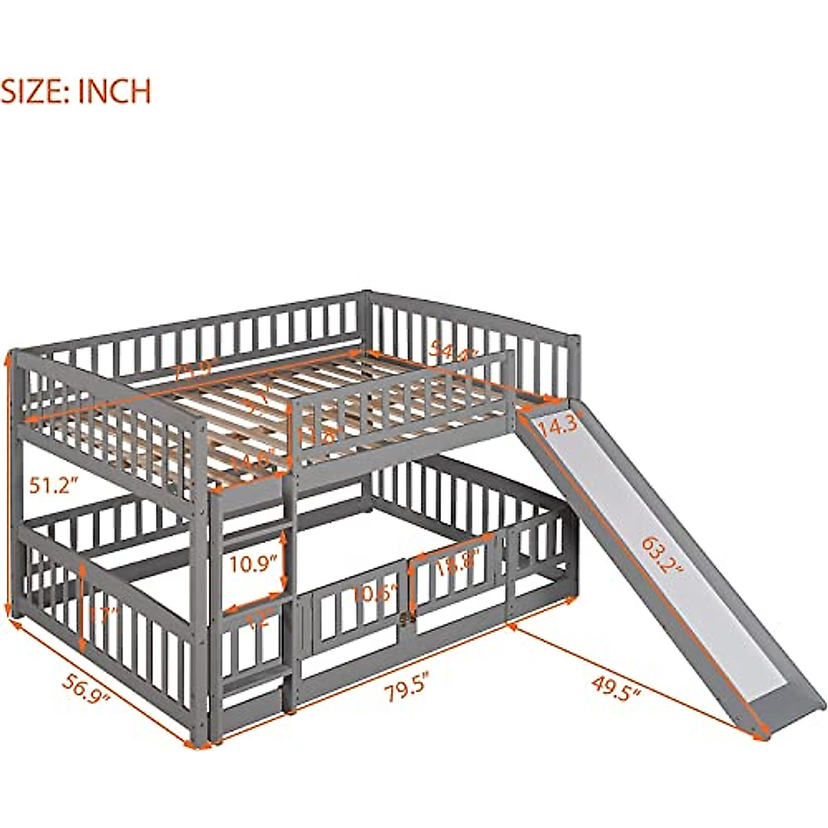 Harper & Bright Designs Low Bunk Beds Full Over Full, Wood Kids Bunk Bed with Slide, Fence and Ladder, Full Size Bunk Beds for Girls Boys, Grey