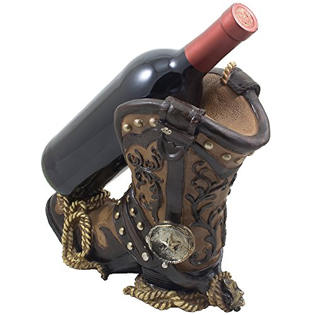 Gesundheit Fancy Cowboy Boot Wine Bottle Holder Decorative Display Stand Statue with Rope, Spur & Texas Star for Country Western Bar Decor and Kitchen Countertop Wine Racks As Great Gifts for Cowboys