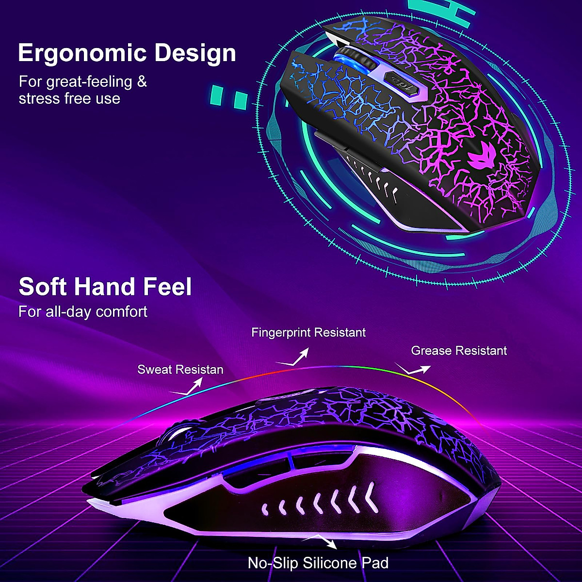 LuLabboard Wireless Gaming Mouse, Rechargeable Wireless Computer Mouse, 7-Color LED Light, Ergonomic Mouse with 6 Silent Click Buttons, 3 Adjustable 2400 DPI Wireless Mouse for Laptop,PC,Mac, Black