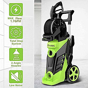 Homdox HX3000 Portable Pressure Washer with Hose Reel, 1800W/1.7 GPM Electric Power Washer, Small Pressure Washer with Detergent Bottle, 4 Nozzles for Outdoor Cleaning, Car/Garden/Patio Wash（Green）