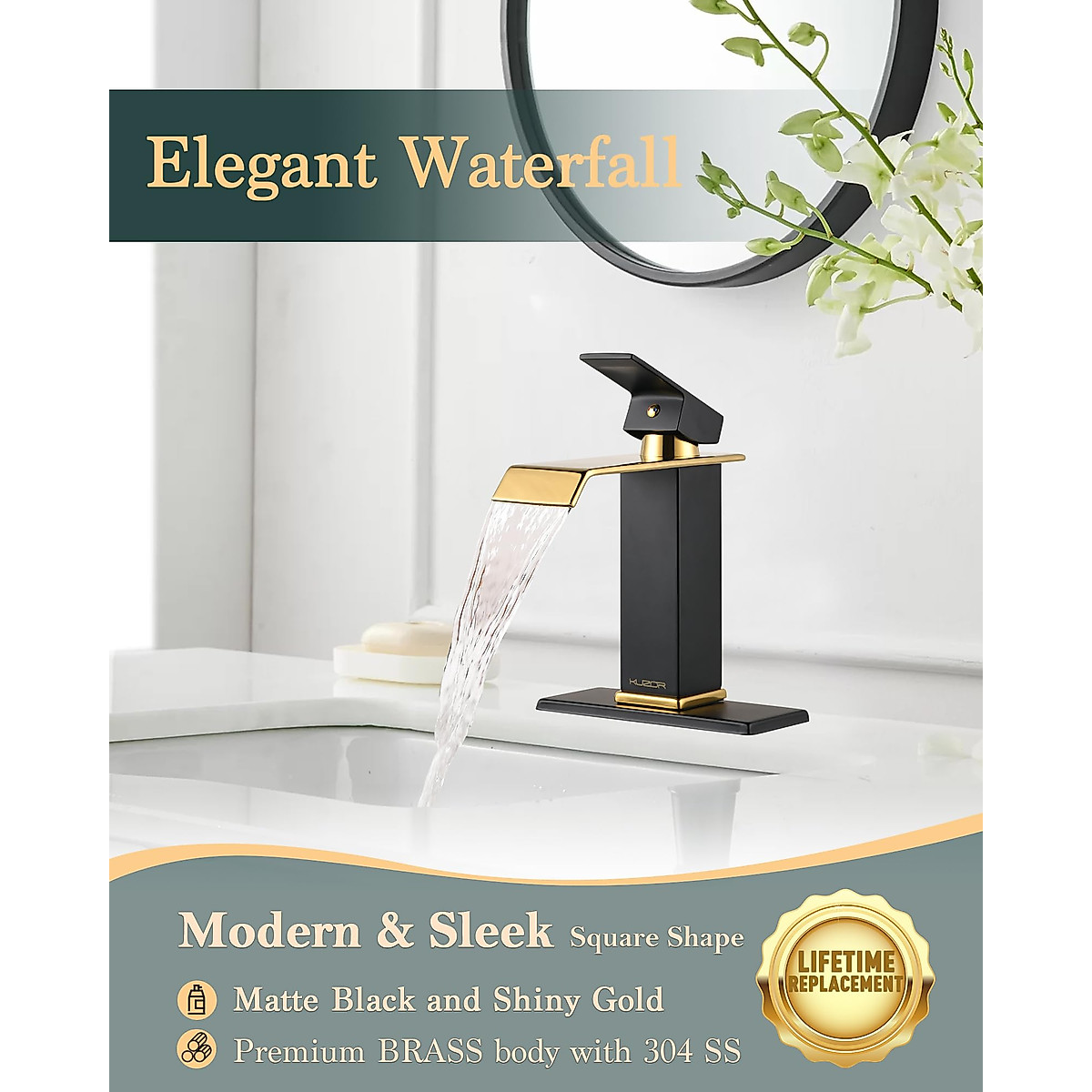 KUZOR Waterfall Bathroom Faucets 1 Hole Single Handle, Matte Black & Shiny Gold Bathroom Sink Faucet with Metal Pop Up Drain, Modern Square Faucet for Bathroom Sink Single Hole