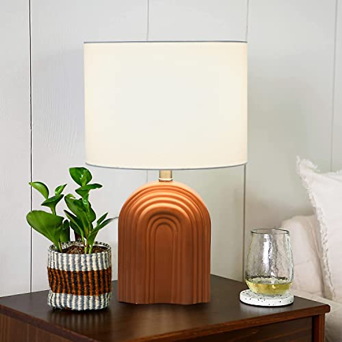 Creative Co-Op Main + Mesa Carved Arch Stoneware Table Lamp with Linen Drum Shade, Terracotta