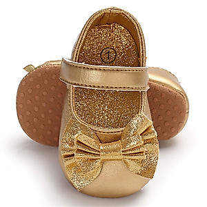 BABITINA Baby Girl Shoes Mary Jane Flats with Bowknot Non-Slip Toddler First Walkers Infant Dress Shoes(6-12 Months M US Infant,A-Gold)
