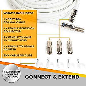 ASNQ RG6 Coaxial Cable Connector Set 75 OHM - High-Speed Premium Coax Cable 30FT - for Internet Digital TV Satellite and Aerial Connections - Includes 4 Extension Couplers to Connect Cable Extensions