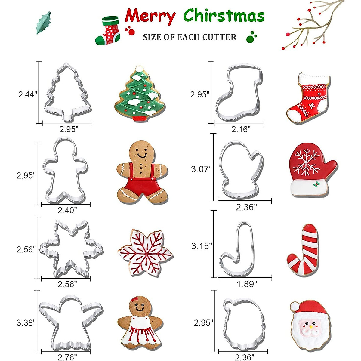 Christmas Cookie Cutters, 8Pcs Winter Holiday Cookie Cutter Set, Stainless Steel Metal Cutter with Gingerbread Men,Christmas Tree,Snowflake, Candy Cane, Angel, Santa Face,Stocking,Mitten