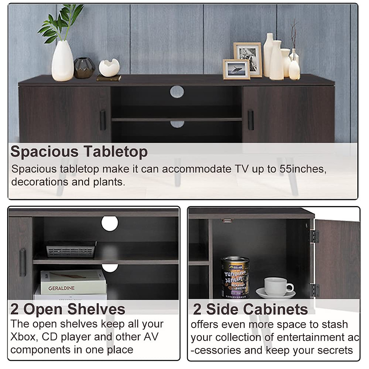 Iwell TV Stand for 55 inch TV, Mid Century Modern TV Stand with Storage, Entertainment Center with 2 Cabinet & 2 Shelves, Retro TV Console Table for Living Room, Bedroom, Black Oak