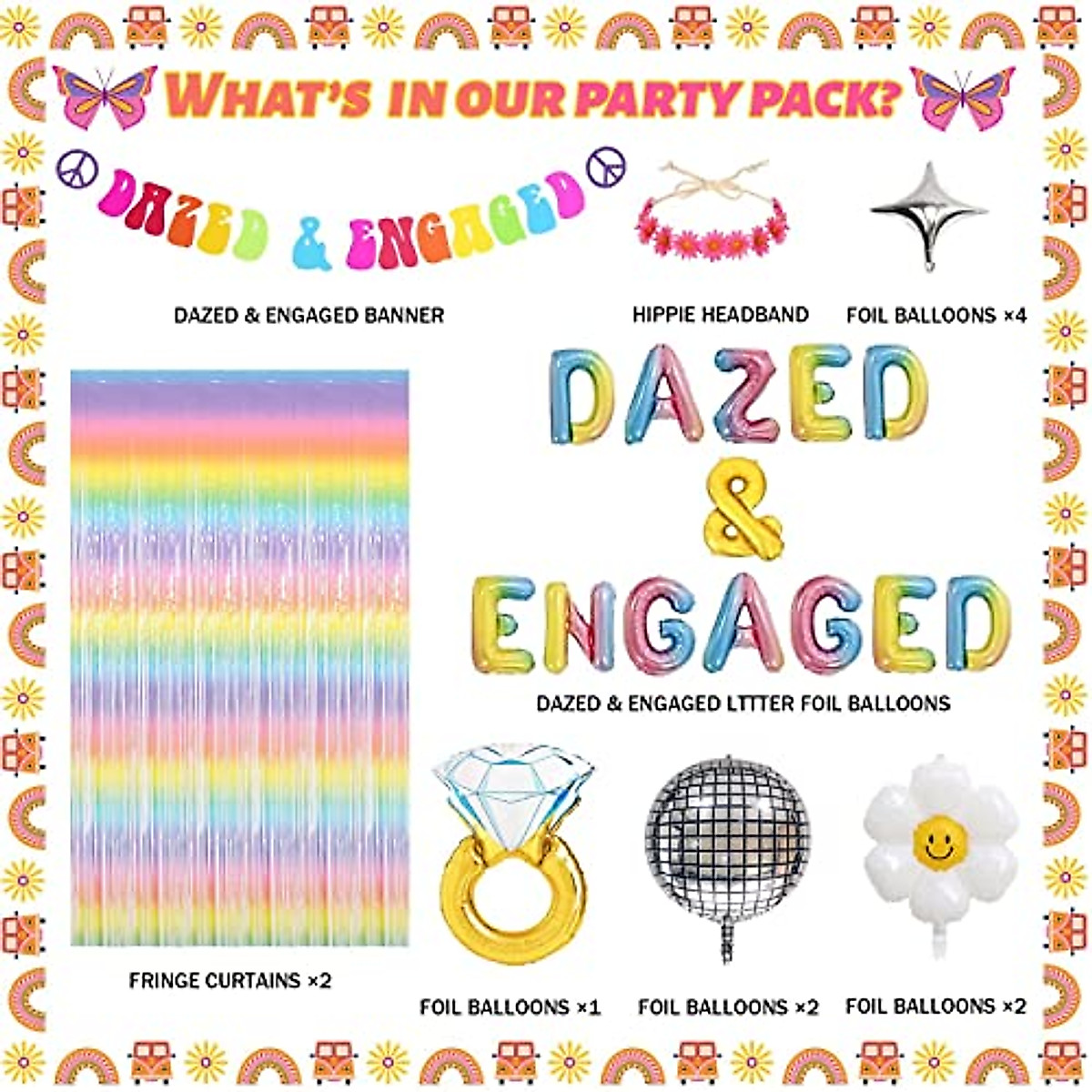 Dazed and Engaged Bachelorette Decorations, Fiesec Hippie Groovy Retro Bachelorette Decorations Tie Dye Fringe Curtain 4D Disco Sparkle Daisy Ring Foil Balloon Flower Headband