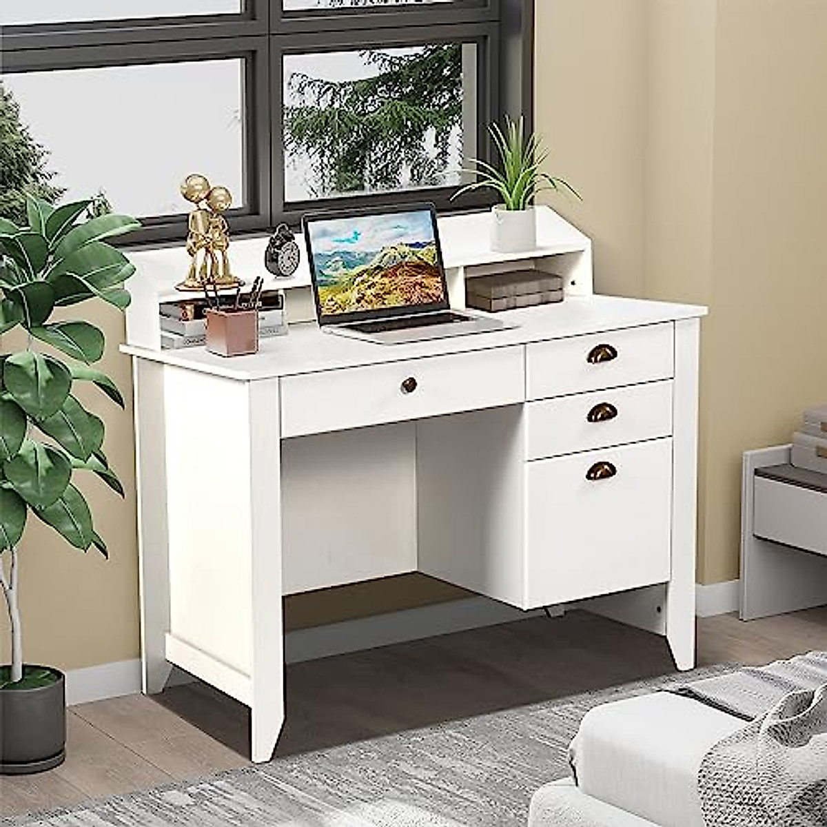 White Desk with Drawers and Hutch, White Desk Wooden Executive Desks with Storage Shelf, Writing Desk with File Drawer, Home Office Desk, for Small Space, White
