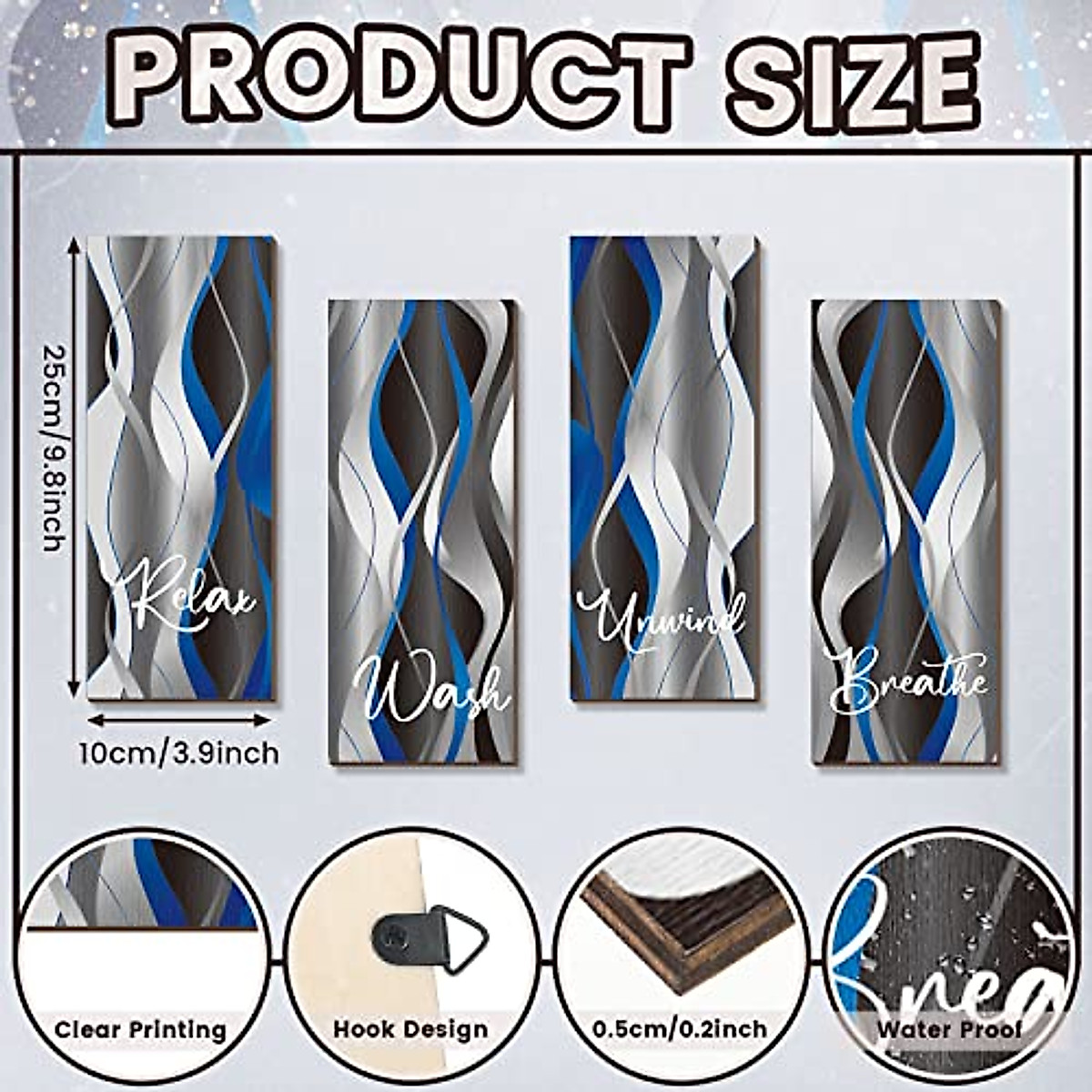 Qunclay Set of 4 Blue and Black Striped Bathroom Wall Art Grey and White Relax Soak Unwind Breathe Wall Art Farmhouse Rustic Wood Bathroom Wall Decor Hanging Modern Wooden Printed Sign, 11 x 4 Inch