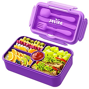 Jelife Lunch Box Kids Bento Box - Large Bento-Style Leakproof 4 Compartments Kids Lunchbox Food Containers with Utensils for Back to School, Reusable On-the-Go Meal and Snack Packing, Purple