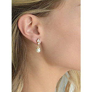 Mariell Pearl Drop Gold Wedding Earrings, 8MM Ivory Shell Pearls, Cubic Zirconia Crystal and Pearl Earrings for Brides, Bridesmaid, Prom and Mother of the Bride