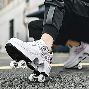 Double-Row Deform Wheel Automatic Walking Shoes Invisible Deformation Roller Skate 2 in 1 Removable Pulley Skates Skating Parkour (White Black Powder, US 5.5)