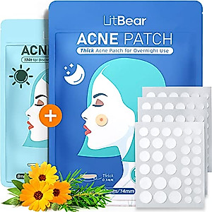 LitBear Acne Pimple Patches- Day and Night 4 Sizes 180 Dots Thin & Thick Hydrocolloid Patches with Witch Hazel, Tea Tree & Calendula Oil, Extra Adhesion Pimple Patches for Face Zit Patch Acne Dots