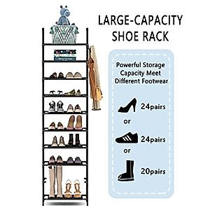 Wodeer Shoe Rack,10 Tiers Tall Free Standing Shoe Racks,Narrow Shoe Storage 20-24 Pairs Shoes, Space-Saving Shoe Shelf Organizer for Closet,Entryway,Metal Frame&Non-Woven Shelves,Black.