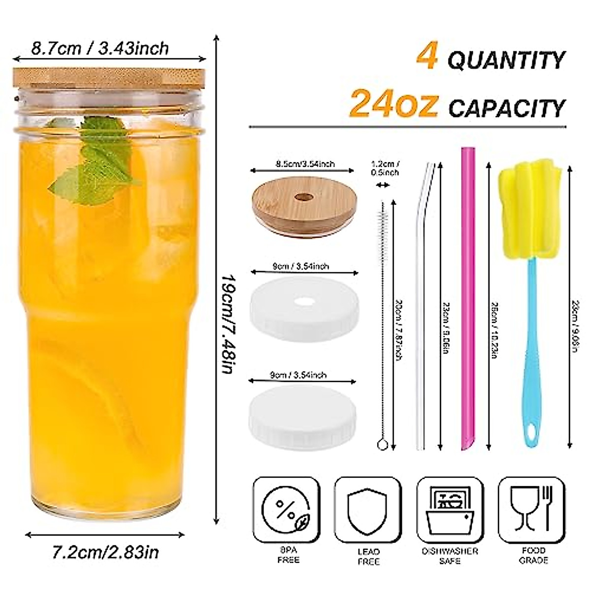 Moretoes 4pcs 24oz Glass Cups with Lids and Straws, Glass Iced Coffee Cups Cute Travel Tumbler Cup, Drinking Glasses Set Reusable Boba Bottle for Jumbo Smoothie, Bubble Tea, Cold Brew,Soda, Juice