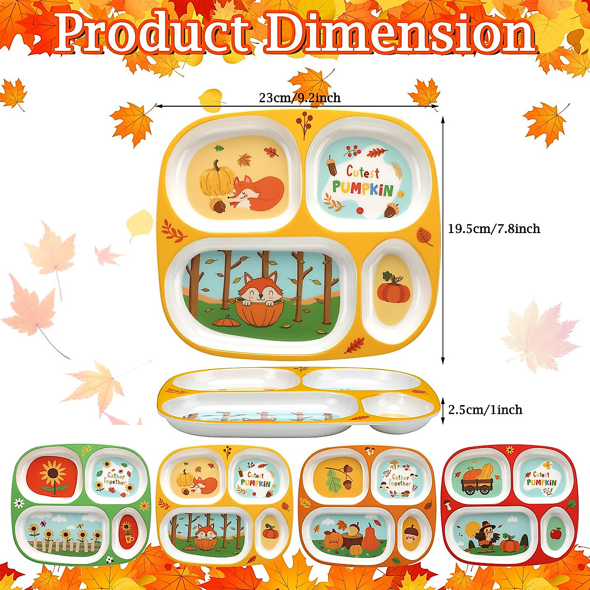 Suttmin 8 Pcs Fall Thanksgiving Kids Divided Plates Fall Plates Dinnerware Set for Kids Bulk Plastic Thanksgiving Themed Serving Dishes Pumpkin Turkey Sunflower Pine Nut Self-Feeding Dishwasher Safe