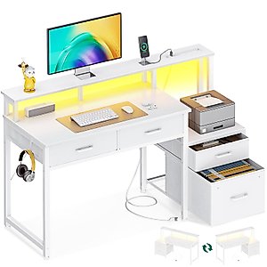 AODK 48-Inch Computer Desk with Fabric File Cabinet and Fabric Drawers, Reversible Office Desk with LED Strip and Power Strip, Gaming Desk with Monitor Riser, Writing/Study Table for Home, White