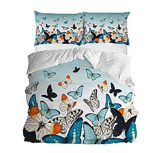 ALAGEO Butterfly Colorful Floral Duvet Cover Sets Country Style Bedding Sets 3 Pcs Soft Comforter Cover Set Including 1 Quilt Cover 2 Pillow Cases, King Size Comforter Cover Set with Zipper Closure