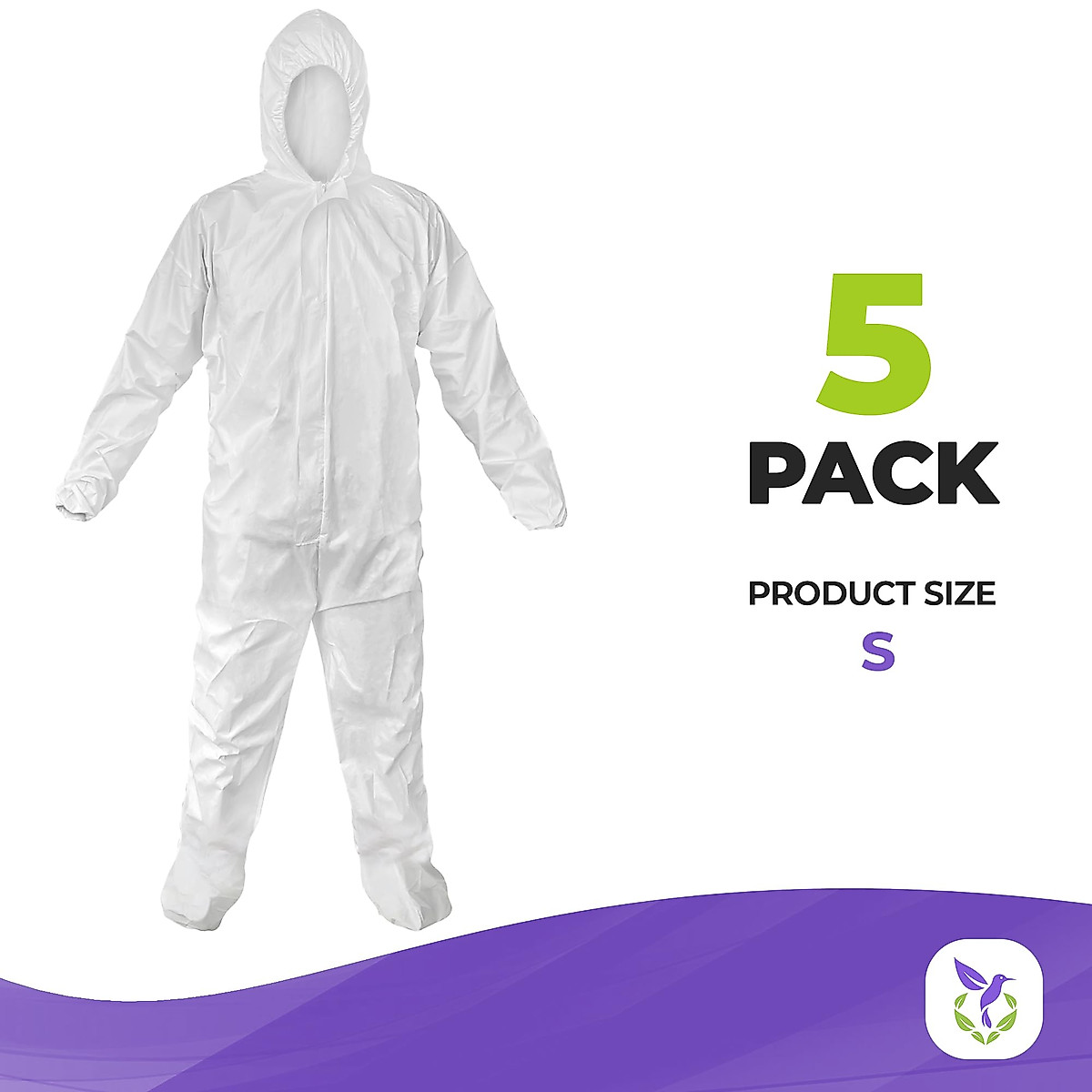 AMZ White Hazmat Suits, Small. Pack of 5 Lightweight Microporous Disposable Coveralls with Hood, Boots, Elastic Wrist, Lower Back, Zipper. Breathable Durable 60 GSM Painters Suit Disposable