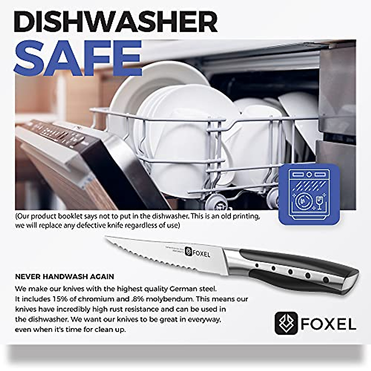 FOXEL Dishwasher Safe Steak Knives Knife Set of 4, 8, or 12 - Serrated Steak Knife Set w/Japanese Stainless Steel, Full Tang Handle, and Rust Resistant Blade - Steak Knifes Gift Box Set