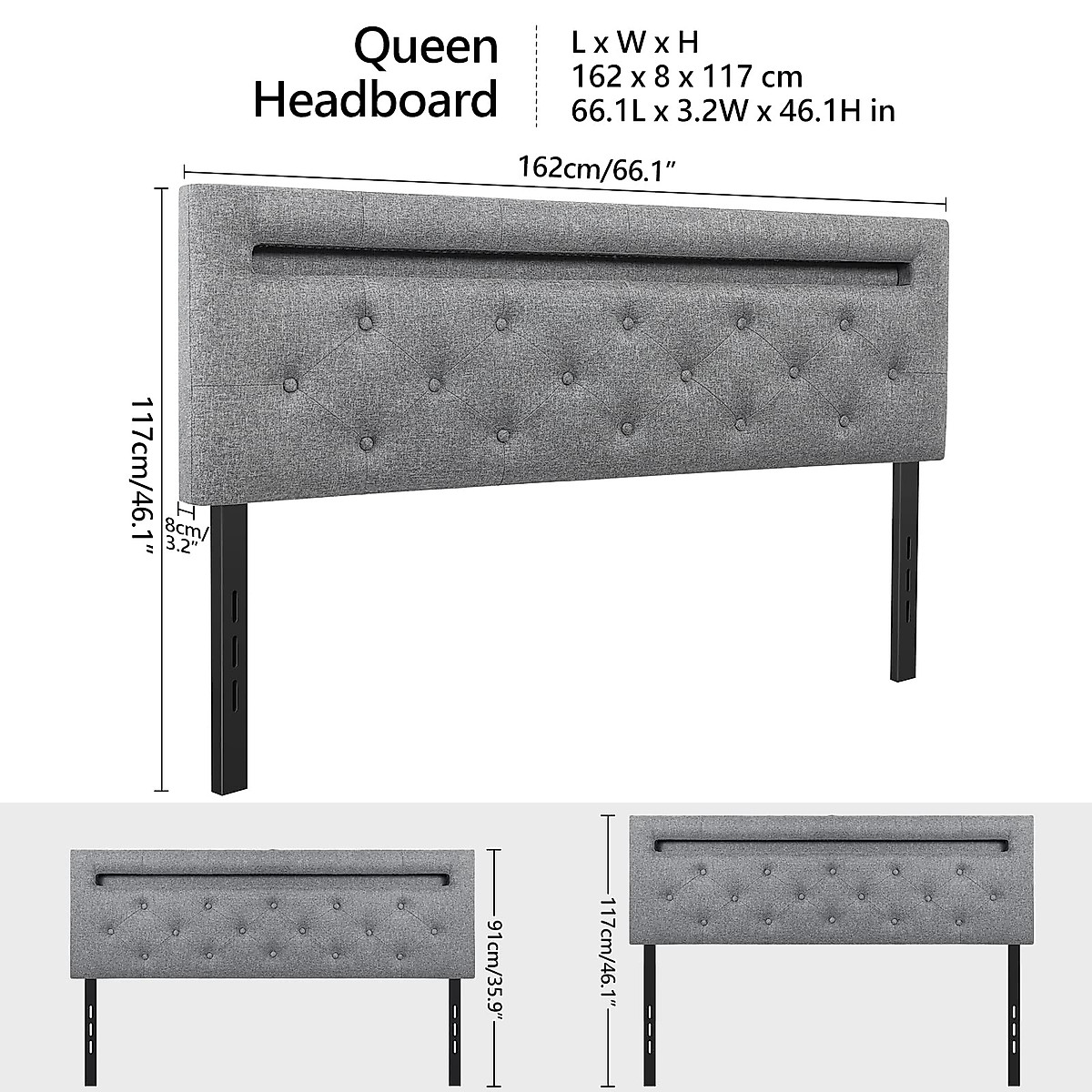 HAUSOURCE Headboards for Queen Size Bed with LED Light & USB Post Upholstered Queen Headboard with Adjustable Height Linen Fabric Padded Headboard for Queen Size Bed Mordern Head Board for Bedroom