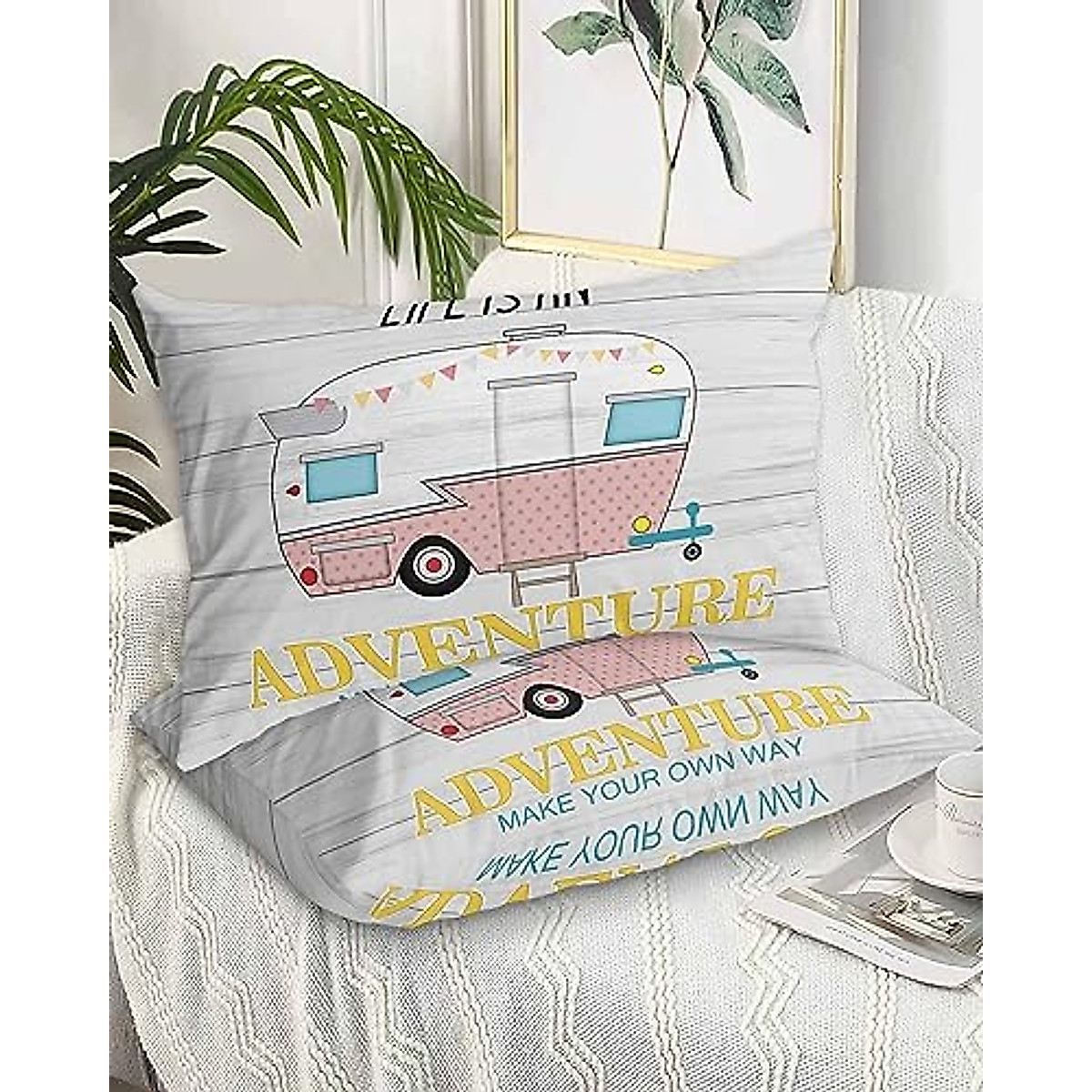 Edwiinsa Summer RV Travel Pillow Covers Standard Size Set of 2 20x26 Bed Pillow, Pink Polka Dots Truck Rustic Wood Plush Soft Comfort for Hair/Skin Cooling Pillowcases with Envelop Closure