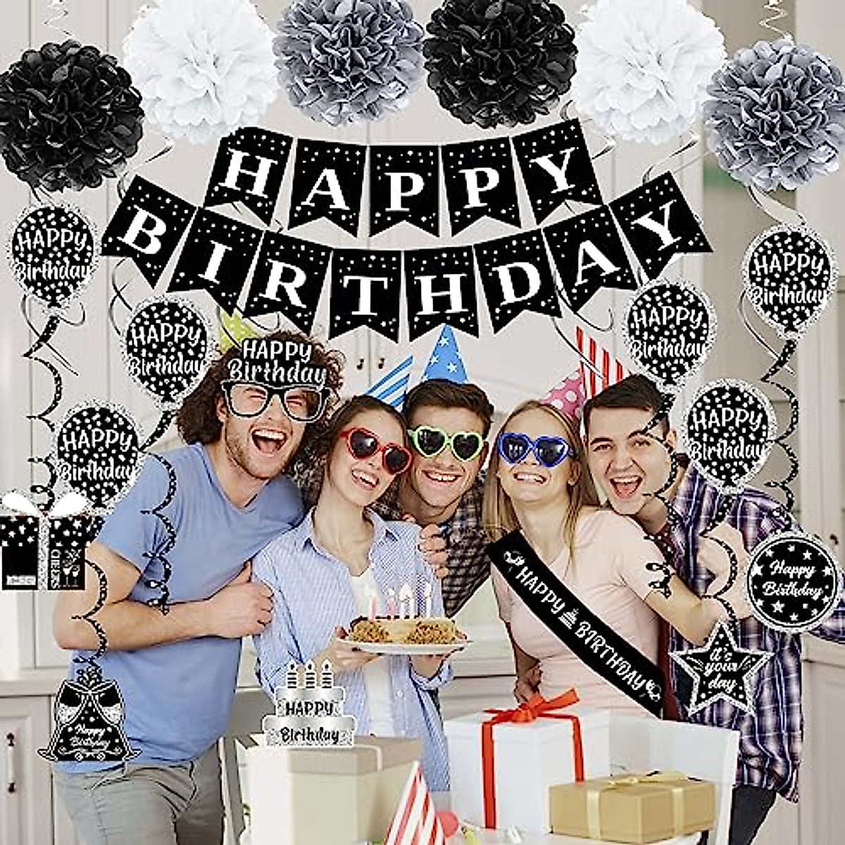 Birthday Decorations Black Silver White, Happy Birthday Party Decorations for Women Girls Men Boys, Happy Birthday Banner, Double-Sided Bday Pattern Card, Birthday Sash, 9 Pompoms, 6 Hanging Swirl Set