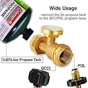 GFORIT Steak Saver Adapter 1lb Propane Tank Adapter with Gauge for Disposable Throwaway Cylinder, Converter Universal 1 Pound/16.4oz Small Bottle for BBQ Grill Propane Tree