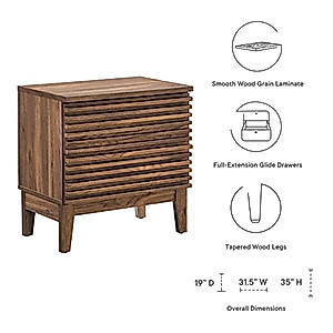 Modway Render Mid-Century Modern Two-Drawer Bedside End Table in Walnut