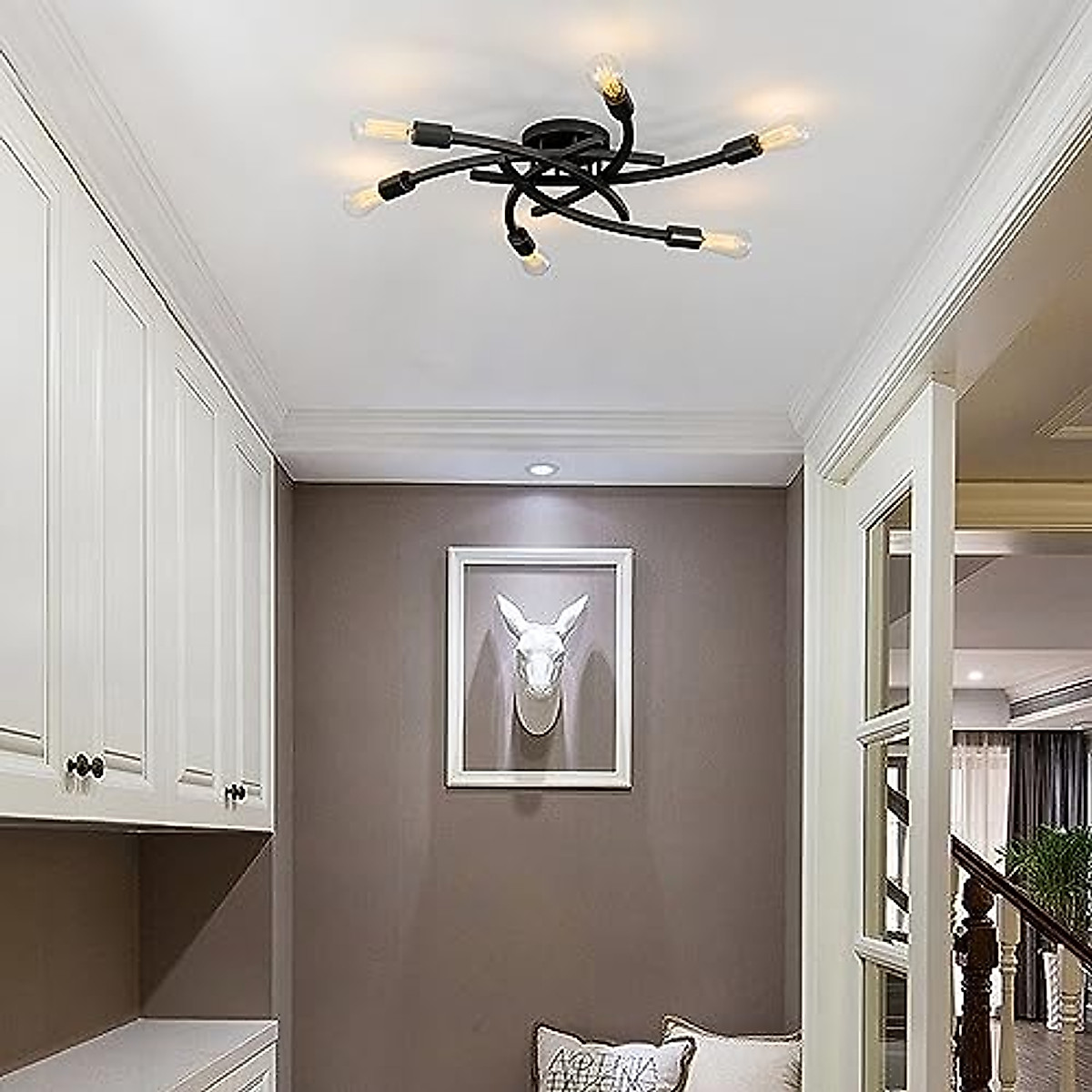 OUKAARY Industrial 6-Lights Semi Flush Mount Ceiling Light Fixture,Retro Black Metal Modern Sputnik Chandelier Ceiling Lamp, Mid Century Ceiling Lights with E26 Bulb Base for Farmhouse Kitchen,Room