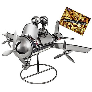BRUBAKER Wine Bottle Holder Couple on an Airplane - Metal Sculpture - Wine Rack Decor - Tabletop - with Greeting Card