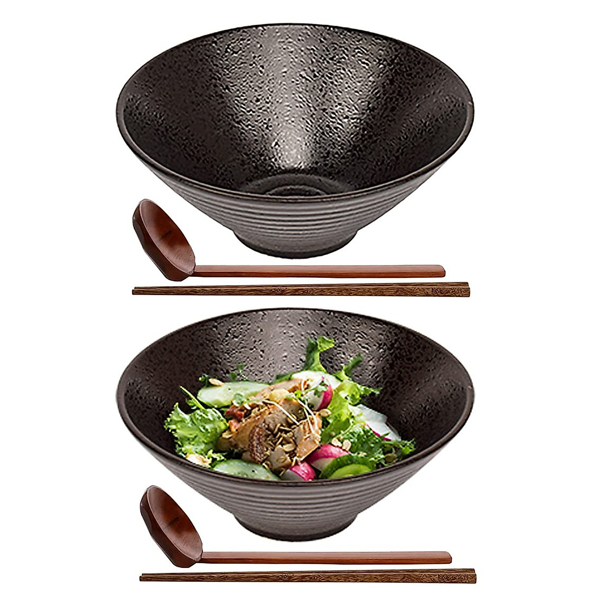 VERSAINSECT amic Japanese Ramen Bowl Set, Soup Bowls - 60 Ounce, with Matching Spoons and Chopsticks for Udon Soba Pho Asian Noodles, Set of 2, Black