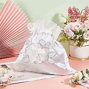 CRASPIRE Wedding Bride Handbag Rose Satin Bridal Wedding Money Bag White Rose Embroidery Silk Drawstring Bag with Pearl for Dollar Dance Bridal Purse Wedding Favor Party