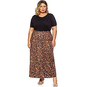 Women's Plus Size Maxi Skirt Fold Over High Waist Long Skirts, Brown Leopard, 4X