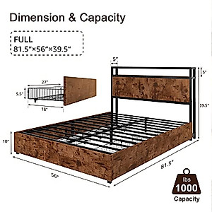 LUXOAK Full Size Bed Frame with 4 Storage Drawers, Wooden Platform Bed with 2-Tires Storage Headboard and Charging Station, No Box Spring Needed/Noise Free/Rustic Brown