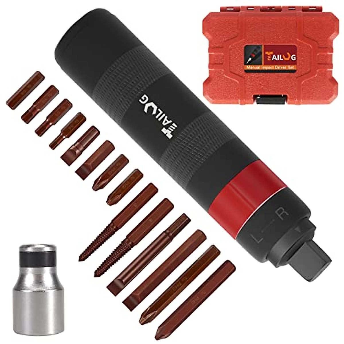 TAILUG Hand Manual Reversible Impact Driver, 1/2 Inch Drive Impact Screwdriver Set Rusty Fasteners Extractor with S2 Steel Bits 16-Piece