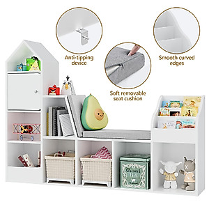 Vabches Kids Reading Nook with Bench - Bookshelf & Bookcase with Seat Cushion, 7 Opening Storage Cubbies, 3-Tier File Organizers, Toy Storage Box & Chest for School, Study, Playroom & Bedroom.