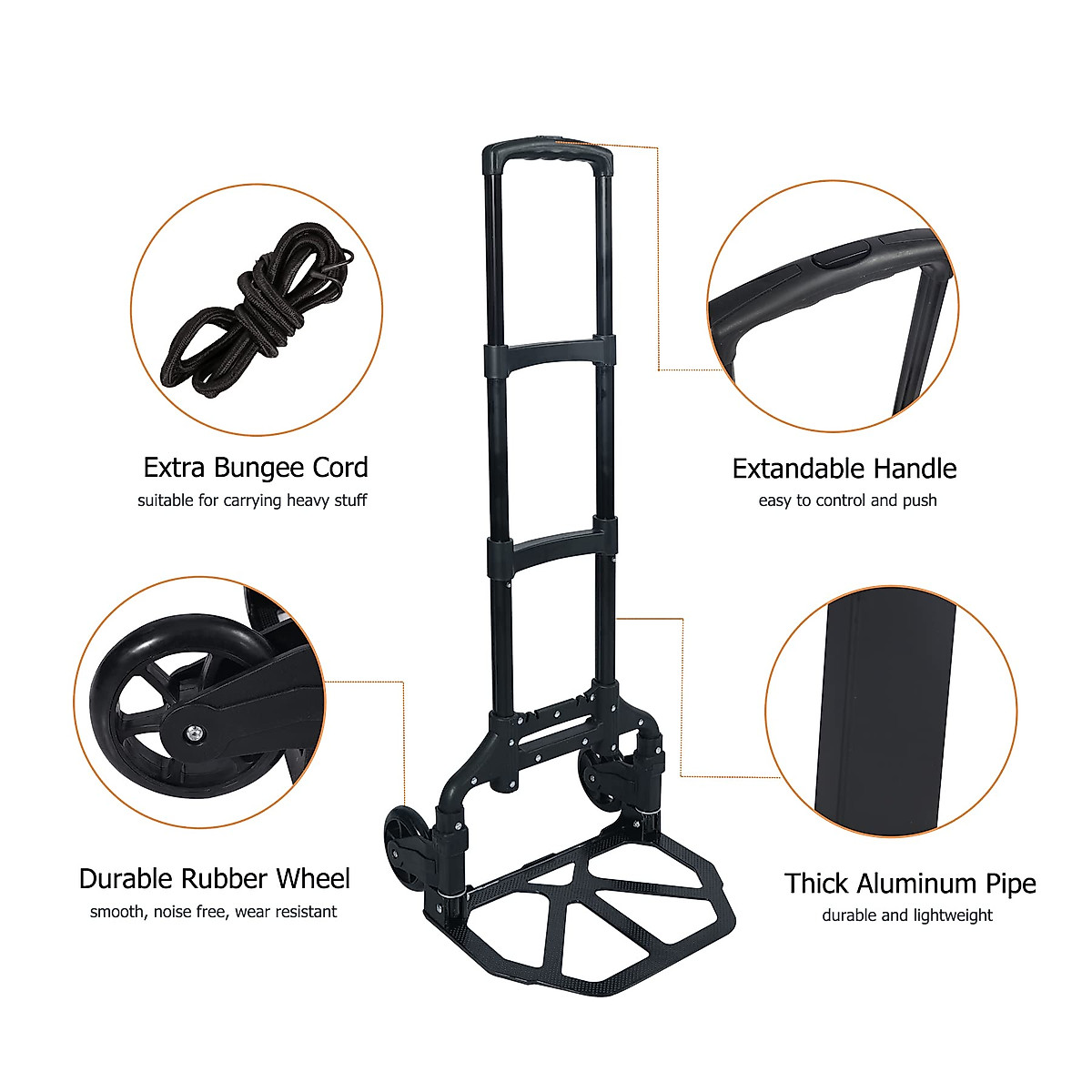 Varbucamp Folding Hand Truck with Telescoping Handle, 165lbs Capacity Aluminum Portable Luggage Trolley Cart, Hand Cart and Dolly with Black Bungee Cord and Rubber Wheels, Black