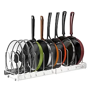 Expandable Pot and Pan Organizers for Cabinet Pot Lid Organizer Pot Rack with 10 Adjustable Dividers Pots Lid Holder Kitchen Pantry Bakeware Organizer and Storage (White)