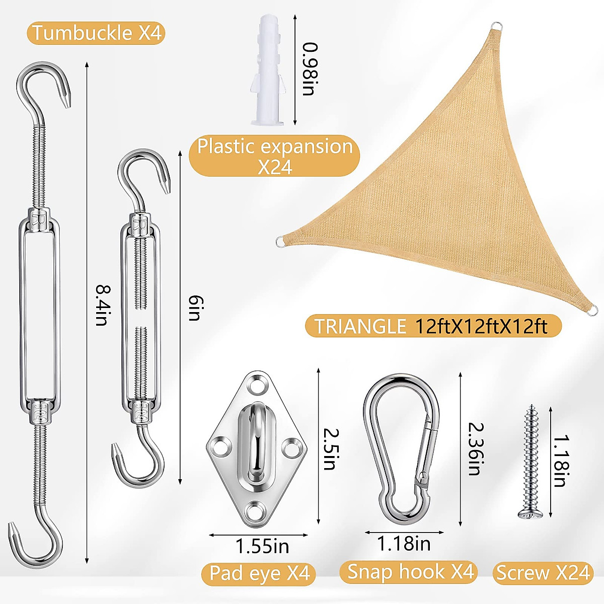 Amylove 12' x 12' x 12' Triangle Sun Shade Sail with 60 Pcs Stainless Shade Sail Hardware Kit Shade Canopy Water Permeable UV Block Cover for Outdoor Backyard