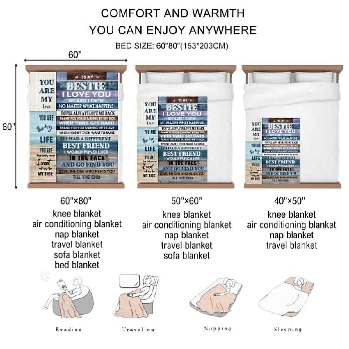 Bestie Gifts to My Bestie Blanket Best Friend Birthday Gifts for Women Bestie Sister Teen Girls Long Distance Friendship Gift Christmas or Valentines Gift for Her Throw Blankets 50 x 60 inch