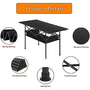 Folding Camping Table Folding Outdoor Table, 46.6 * 21.65 * 26.77in Picnic Table, Portable Camping Table, Aluminum Roll-Up Top, Camp Table with Easy Carry Bag for Outdoor Travel Backyards BBQ(Black)