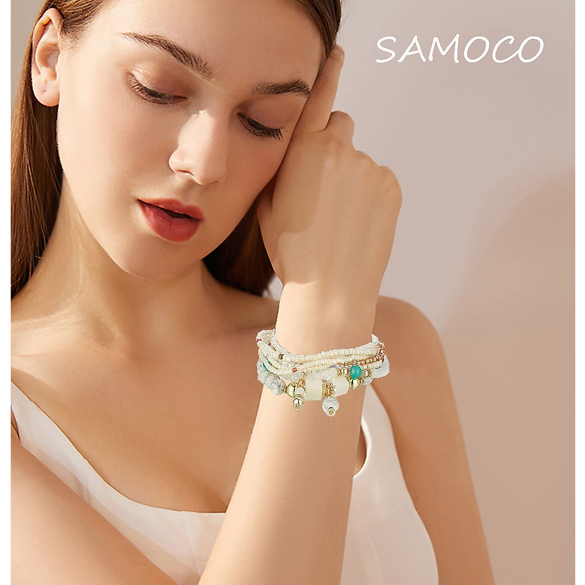 SAMOCO 9 Sets Bohemian Stackable Bead Bracelets for Women Stretch Multilayered Bracelet Set Multicolor Jewelry