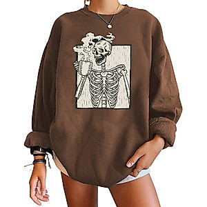 Meladyan womens Halloween Skull Graphic Print Fleece Oversized Sweatshirt Crewneck Long Sleeve Drop Shoulder Pullover, Vintage Brown, Large
